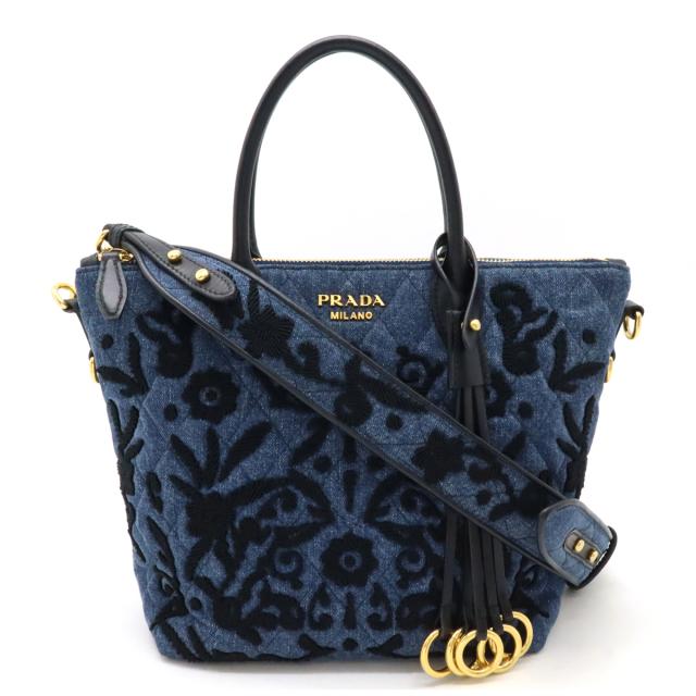 PRADA プラダ コルセール ハンドバッグ 2WAY ショルダーバッグ 刺繍 キルティング デニム レザー BLEU ブルー チャーム付 海外免税店購入品 1BA073