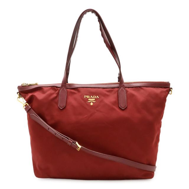 PRADA プラダ トートバッグ 2WAY ショルダーバッグ セミショルダー 肩掛け ナイロン レザー ワインレッド ゴールド金具