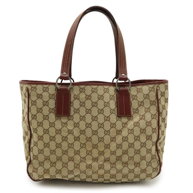 GUCCI グッチ GGキャンバス トートバッグ ショルダーバッグ セミショルダー 肩掛け レザー カーキベージュ ボルドー シルバー金具 113017