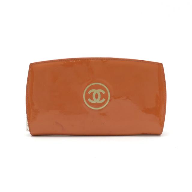 CHANEL シャネル メイクアップ ココマーク ラウンドファスナー 長財布 エナメル パテントレザー オレンジ シルバー金具 A47662
