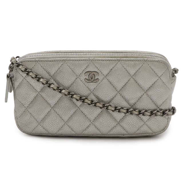 CHANEL シャネル マトラッセ Wジップチェーンウォレット チェーンショルダー 2WAY クラッチバッグ キャビアスキン シルバー シルバー金具 A82527