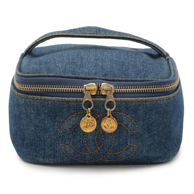 CHANEL シャネル ココマーク デニム バニティバッグ ハンドバッグ 化粧ポーチ メイクポーチ ブルー ゴールド金具 A07058