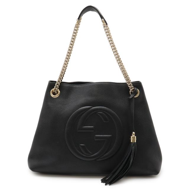 GUCCI グッチ ソーホー インターロッキングG フリンジ トートバッグ チェーンショルダー レザー ブラック 黒 ゴールド金具 アウトレット品 536196