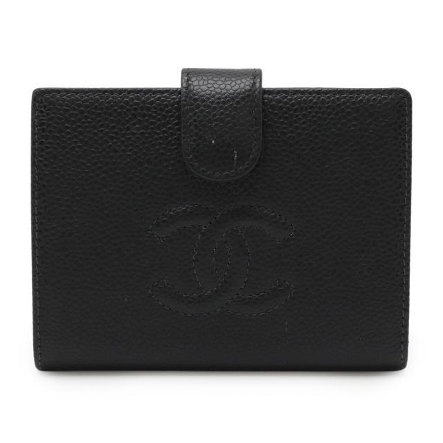 CHANEL シャネル ココマーク 2つ折財布 二つ折り財布 がま口財布 ガマ口 キャビアスキン レザー ブラック 黒 ゴールド金具 A13497