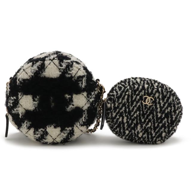 CHANEL シャネル ラウンド チェーンショルダー ポシェット 丸型 千鳥格子 ツイード ボア アイボリー ブラック ゴールド金具 ポーチ付き AP0986