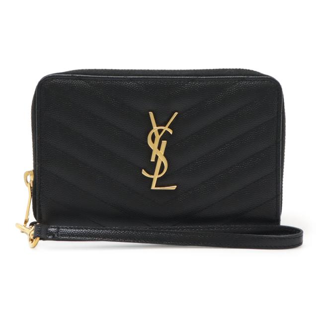 SAINT LAURENT PARIS サン ローラン パリ YSL イブサンローラン カサンドラ ラウンドファスナー財布 Vステッチ レザー ブラック 黒 ゴールド金具