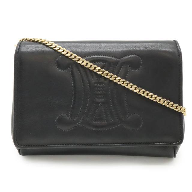 CELINE セリーヌ トリオンフ ロゴ チェーンショルダー ショルダーバッグ ポシェット フラップバッグ 斜め掛け レザー ブラック 黒 ゴールド金具