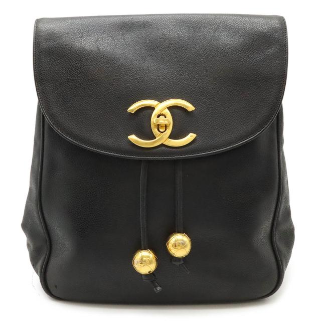 CHANEL シャネル ココボール ココマーク リュックサック バックパック チェーンショルダー 巾着型 キャビアスキン レザー ブラック 黒 ゴールド金具