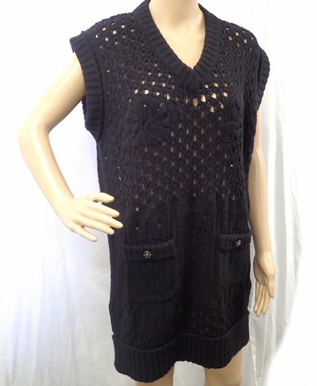 CHANEL シャネル レディース ノースリーブ ニット ワンピース  チュニック丈 ウール カシミヤ 黒 ブラック サイズ42 P34476K01024
