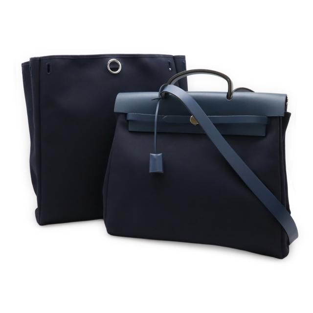 HERMES エルメス エールバッグMM ハンドバッグ 2WAY ショルダーバッグ 肩掛け トワルオフィシエ レザー ネイビー 紺 シルバー金具 □F刻印