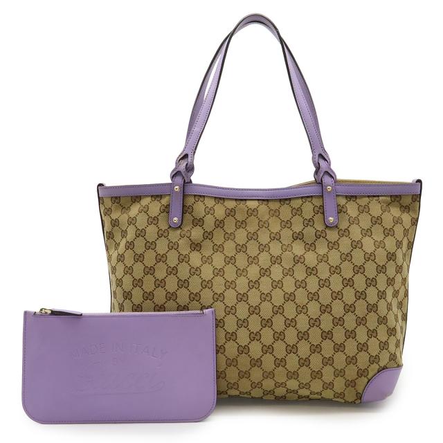GUCCI グッチ GGキャンバス トートバッグ ショルダーバッグ セミショルダー レザー カーキベージュ パープル 紫 ポーチ付き 247209