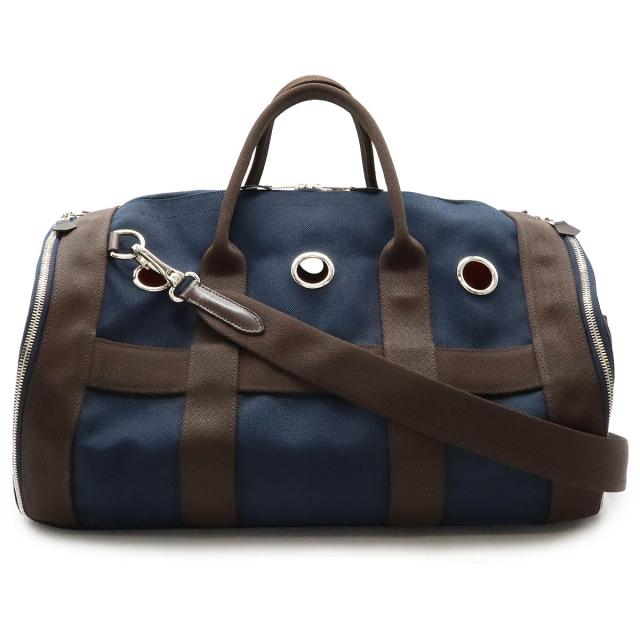 HERMES エルメス ドッグ キャリーバッグ 犬 猫 ペット ボストンバッグ 2WAY ショルダーバッグ キャンバス レザー ネイビー ダークブラウン Z刻印