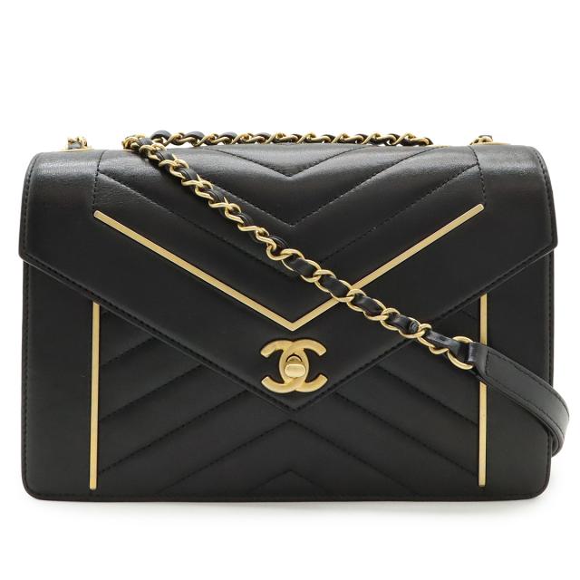 CHANEL シャネル Vステッチ シェブロン ココマーク チェーンショルダー ショルダーバッグ ラムスキン ブラック 黒 ゴールド金具 A91898