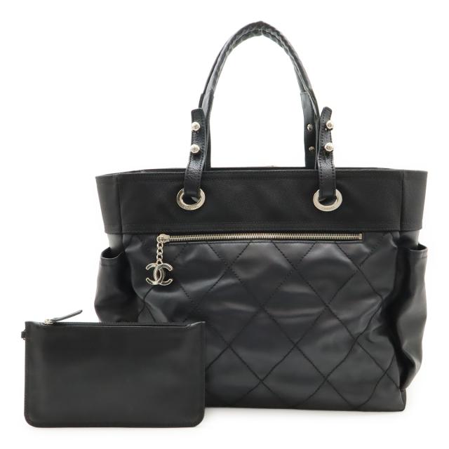 CHANEL シャネル パリビアリッツ トートGM トートバッグ ショルダーバッグ コーティングキャンバス ブラック シルバー金具 ポーチ付き A34210