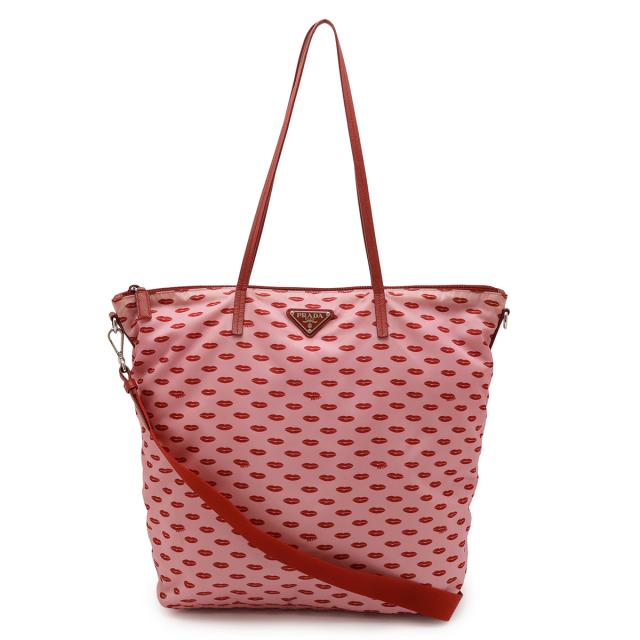 PRADA プラダ トライアングルロゴ リップ柄 唇 トートバッグ 2WAY ショルダーバッグ 肩掛け ナイロン レザー ピンク レッド 赤　シルバー金具