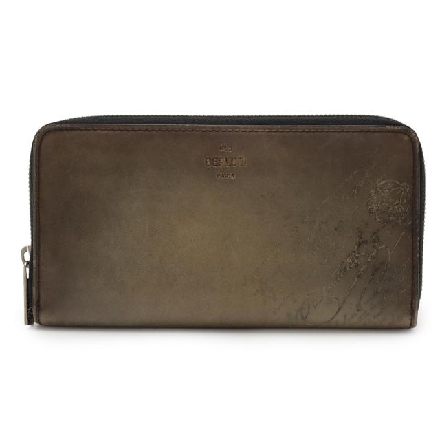 Berluti ベルルッティ カリグラフィー イタウバ ロングジップウォレット ラウンドファスナー 長財布 スクリットレザー グレージュ系 シルバー金具