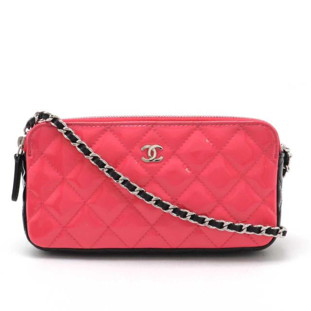 CHANEL シャネル マトラッセ ココマーク チェーンウォレット ショルダーバッグ 2WAY ポーチ バイカラー エナメル ピンク ブラック シルバー金具