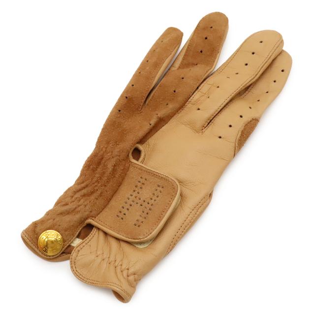 HERMES エルメス Hロゴ ゴルフグローブ 革手袋 片手用 レザー ヌバック ブラウン ベージュ系 #6 1/2