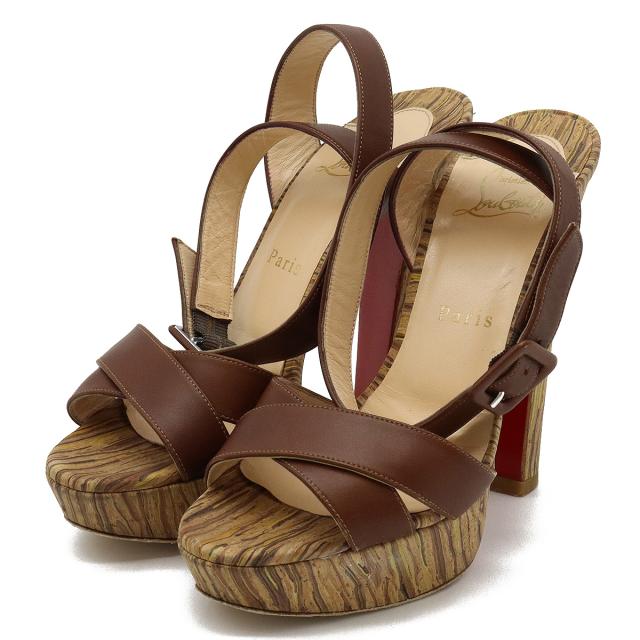 Christian Louboutin クリスチャン ルブタン ウッドサンダル チャンキーヒール レザー ブラウン 茶 #36 1/2 日本サイズ23.5cm 3120612