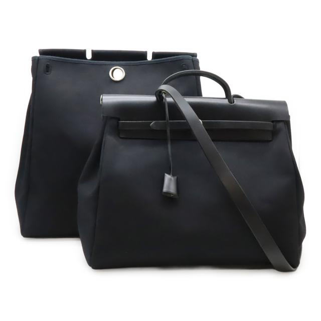 HERMES エルメス エールバッグMM ハンドバッグ 2WAY ショルダーバッグ 肩掛け トワルオフィシエ レザー ブラック 黒 シルバー金具 □C刻印