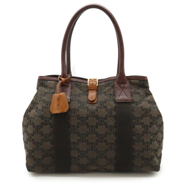 CELINE セリーヌ マカダム トートバッグ ショルダーバッグ セミショルダー 肩掛け キャンバス レザー ダークカーキ バーガンディー