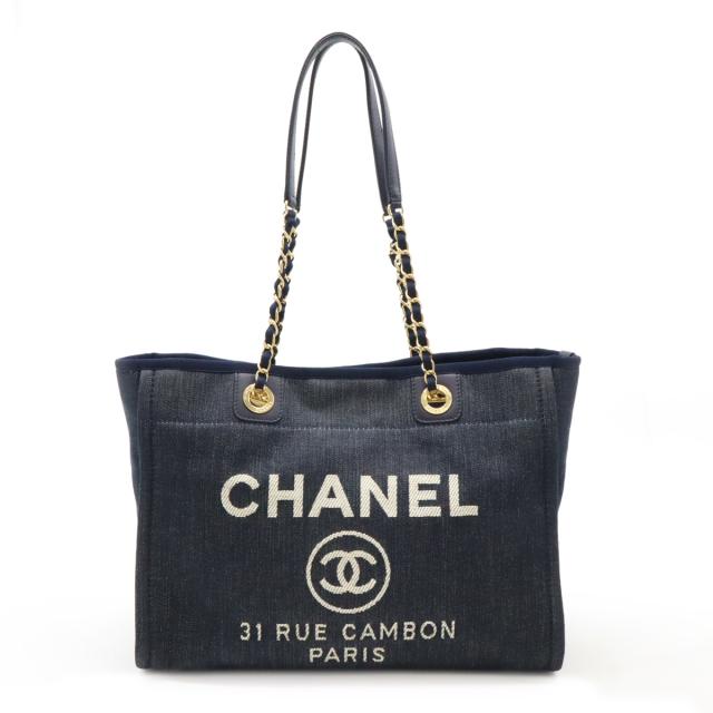 CHANEL シャネル ドーヴィル ミディアムトートMM トートバッグ ショルダーバッグ チェーンショルダー デニム ネイビー A67001