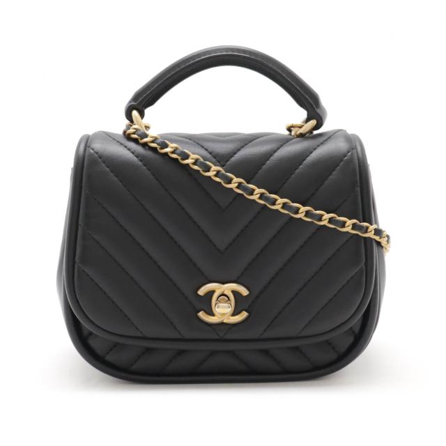 CHANEL シャネル Vステッチ シェブロン ココマーク トップハンドル ハンドバッグ 2WAY チェーンショルダー ショルダーバッグ ブラック ゴールド金具