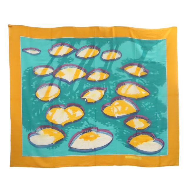 HERMES エルメス 大判ストール スカーフ ショール パレオ 蓮の葉 コットン100% イエロー グリーン マルチカラー