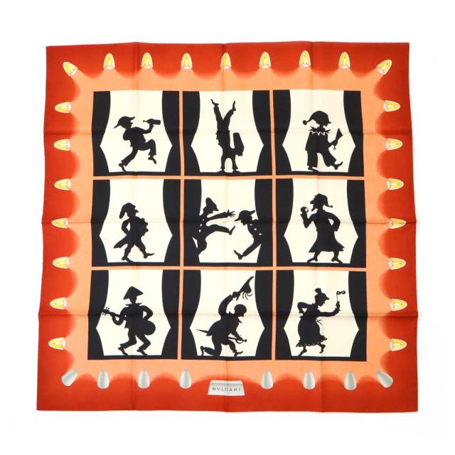 BVLGARI ブルガリ スカーフ ショール 大判 COMMEDIA DELL'ARTE コンメディア デッラルテ サーカス 楽団 シルク100% レッド ベージュ