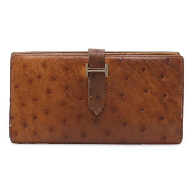 HERMES エルメス ベアンスフレ 2つ折長財布 二つ折り長財布 オーストリッチ レザー ブラウン 茶 シルバー金具 □J刻印