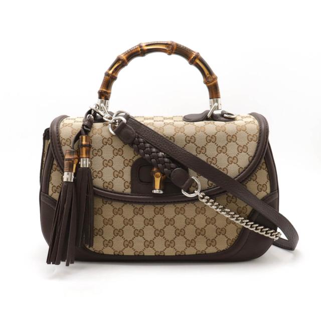 GUCCI グッチ GGキャンバス バンブー タッセルチャーム ハンドバッグ 2WAY ショルダーバッグ レザー ベージュ ダークブラウン 240241