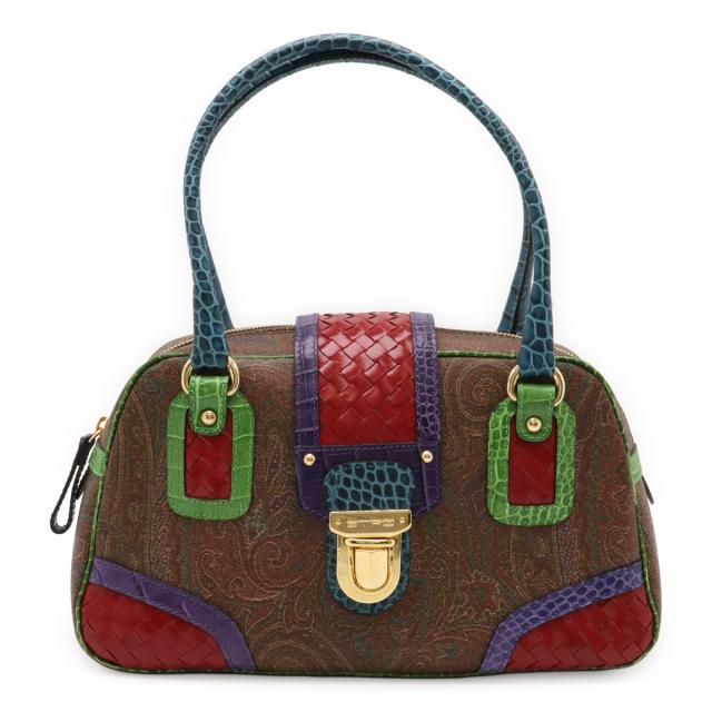 ETRO エトロ ペイズリー柄 クロコ型押し ハンドバッグ トートバッグ コーティングキャンバス レザー ブラウン マルチカラー
