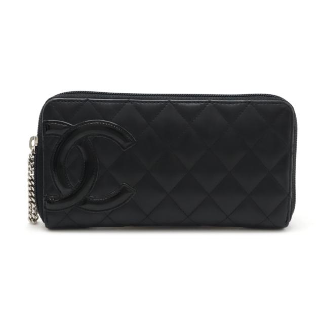 CHANEL シャネル カンボンライン ココマーク ラウンドファスナー 長財布 ソフトカーフ レザー エナメル ブラック 黒 ピンク A50078