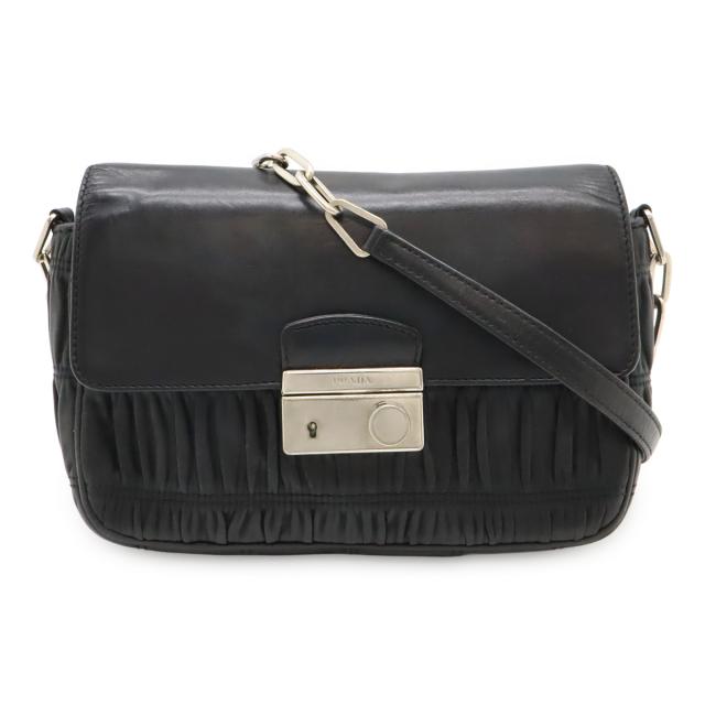 PRADA プラダ ギャザー チェーンショルダー ショルダーバッグ セミショルダー 肩掛け レザー NERO 黒 ブラック シルバー金具 鍵欠品
