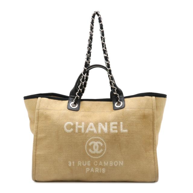 CHANEL シャネル ドーヴィル トートGM ロゴ トートバッグ 2WAY チェーンショルダー ショルダーバッグ キャンバス レザー ベージュ ブラック A66941