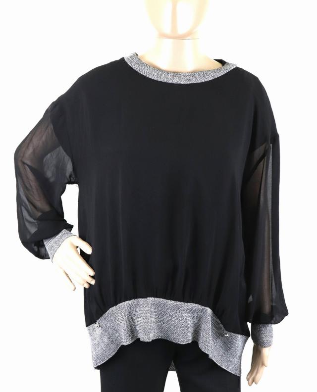 CHANEL シャネル レディース ココシャネルボタン プルオーバー 長袖トップス 丸首 シフォン ブラック 黒 グレー