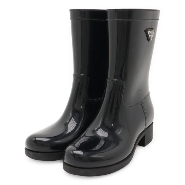 PRADA プラダ トライアングルロゴ レインブーツ 長靴 ヒール ラバー ブラック 黒 サイズ38 #38 日本サイズ約25cm