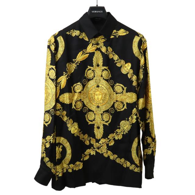 VERSACE ヴェルサーチェ ヴェルサーチ ベルサーチ バロッコ メデューサ 長袖ブラウス 長袖シャツ シルク100% ブラック イエロー #48 Mサイズ
