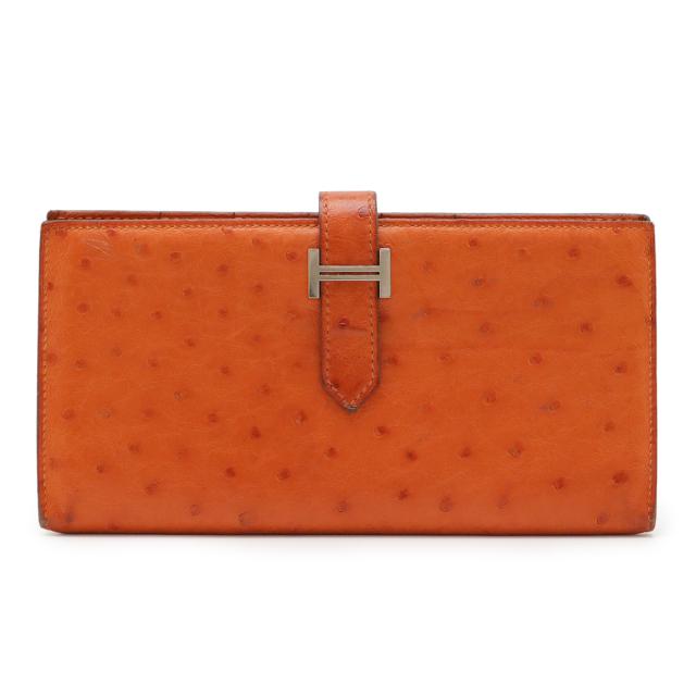 HERMES エルメス ベアンスフレ 2つ折長財布 二つ折り長財布 オーストリッチ レザー オレンジ シルバー金具 A刻印