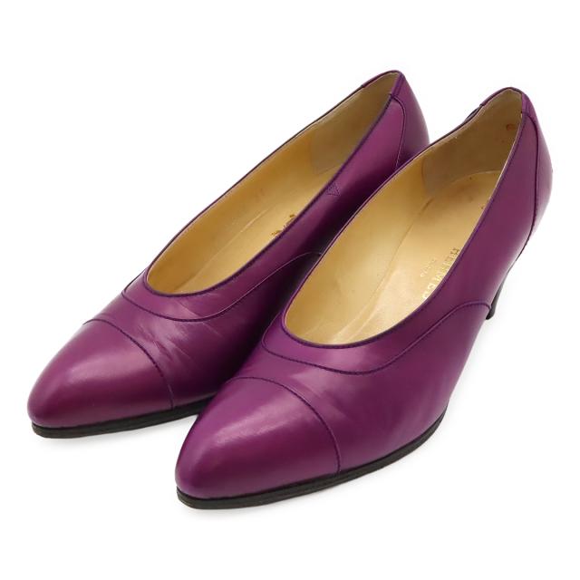 HERMES エルメス パンプス ローヒール レザー パープル 紫 #37 1/2 日本サイズ約24cm