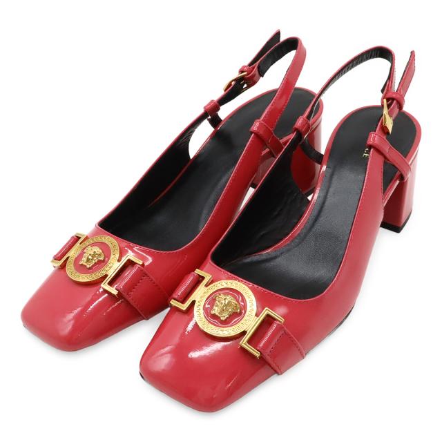 VERSACE ヴェルサーチェ ヴェルサーチ パンプス ミュール スクエアトゥ 5cm ヒール エナメル フューシャ ピンク #35 日本サイズ約23cm ゴールド金具