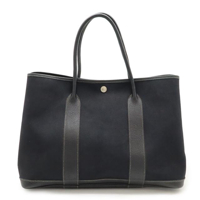 HERMES エルメス ガーデンパーティPM トートバッグ ハンドバッグ トワルオフィシエ キャンバス レザー ブラック 黒 シルバー金具 □H刻印