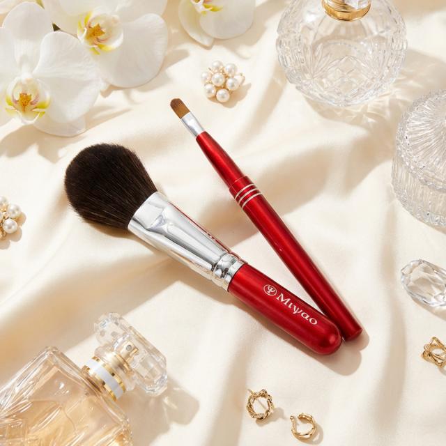 送料無料 熊野化粧筆メイクブラシ2点セット [灰リス100％チークブラシ（S）＆携帯リップブラシ]レッドパール