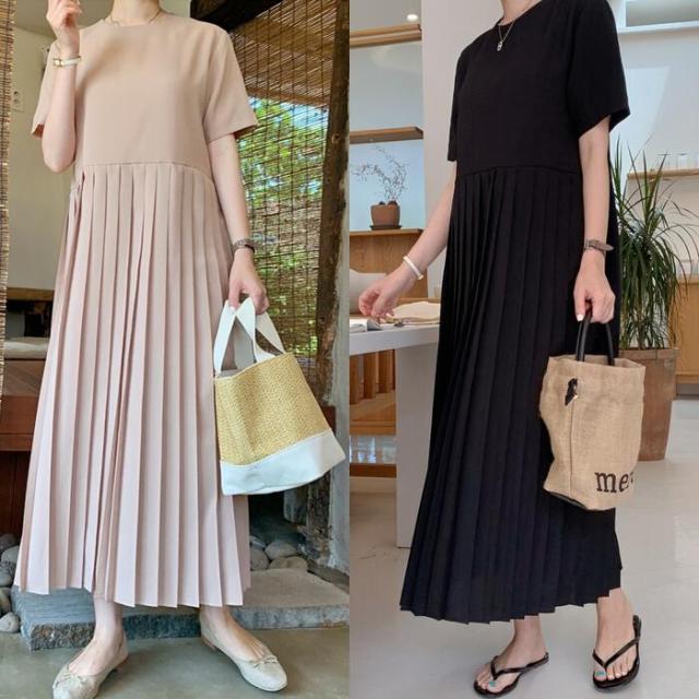 ワンピース プリーツ 切り替え ナチュラル 半袖 涼しい おしゃれ 袖あり ミモレ丈 レディース ワンピ ドレス カジュアル