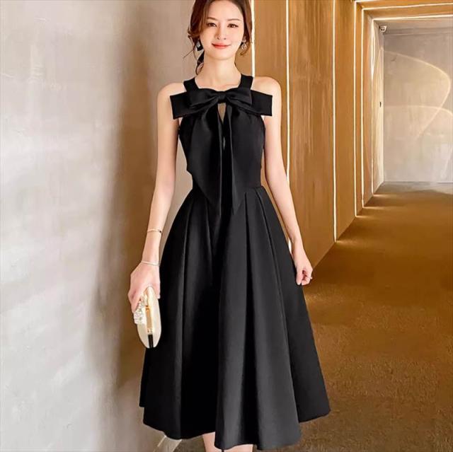 ドレス ワンピース 膝下 ミモレ 袖なし ノースリーブ Uネック プリンセスライン フレア Aライン リボン ウエストマーク 可愛い 大人可愛い おしゃれ レトロ ガーリー エレガント モダ キュート