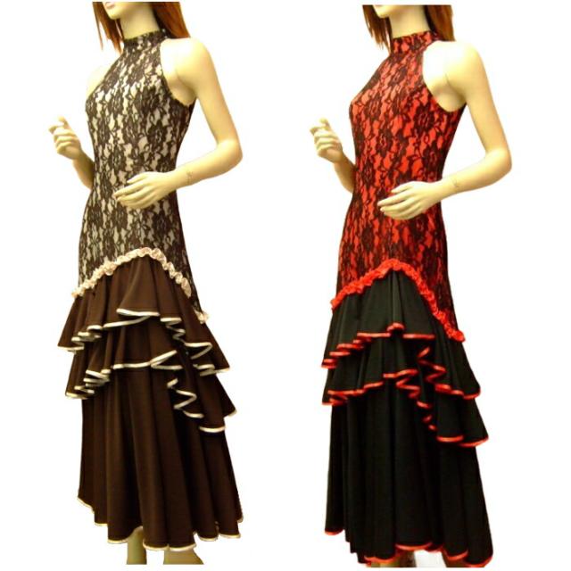 フラメンコ衣装 ワンピース スカート ダンス衣装 社交ダンス 舞台衣装 ロングワンピース ファルダ 花柄 レース刺繍 アメリカンスリーブ レイヤード マキシ丈 衣装 ノースリーブ レディー フラメンコ