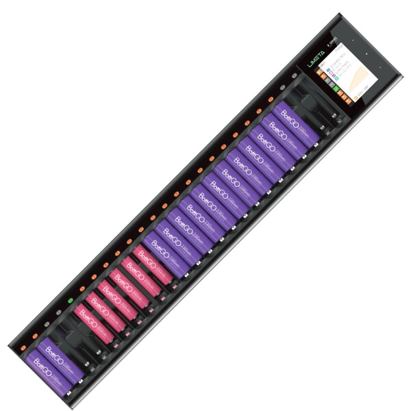 LI 24スロット急速電池充電器 LCD付き、単3形・単4形 24本同時充電可能、独立スロット対応、NiMH/NiCd/NiZn/Li-ion/LiFe 充電池対応、Type-C入力ポート搭載、コンパクト設計