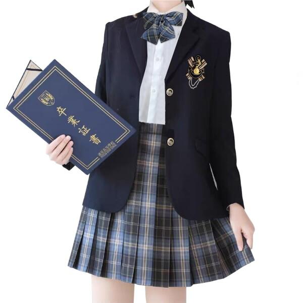 (AOTYP) 女子高生 制服 ブレザー JK制服 コスプレ衣装 5点セット リボン シャツ プリーツスカート チェック セット 通学 通勤 森ガール 学園祭 ネイビーM