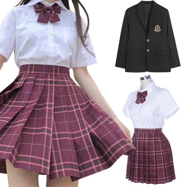 (NIUKACOS) 制服 コスプレ 女子高校生 スカート シャツ リボン ブレザー バッジ 女子高生 JK プリーツスカート レディース 制服セット 学生 コスプレ衣装 入学式 卒業式 撮影会 イベント ワ