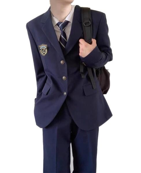 (AOTYP) スクール 制服 ジャケット ワッペン 男子高生 JK スーツ 春秋 フォーマル 通学 通勤 オフィス 紺色 ネイビー navy 3XL